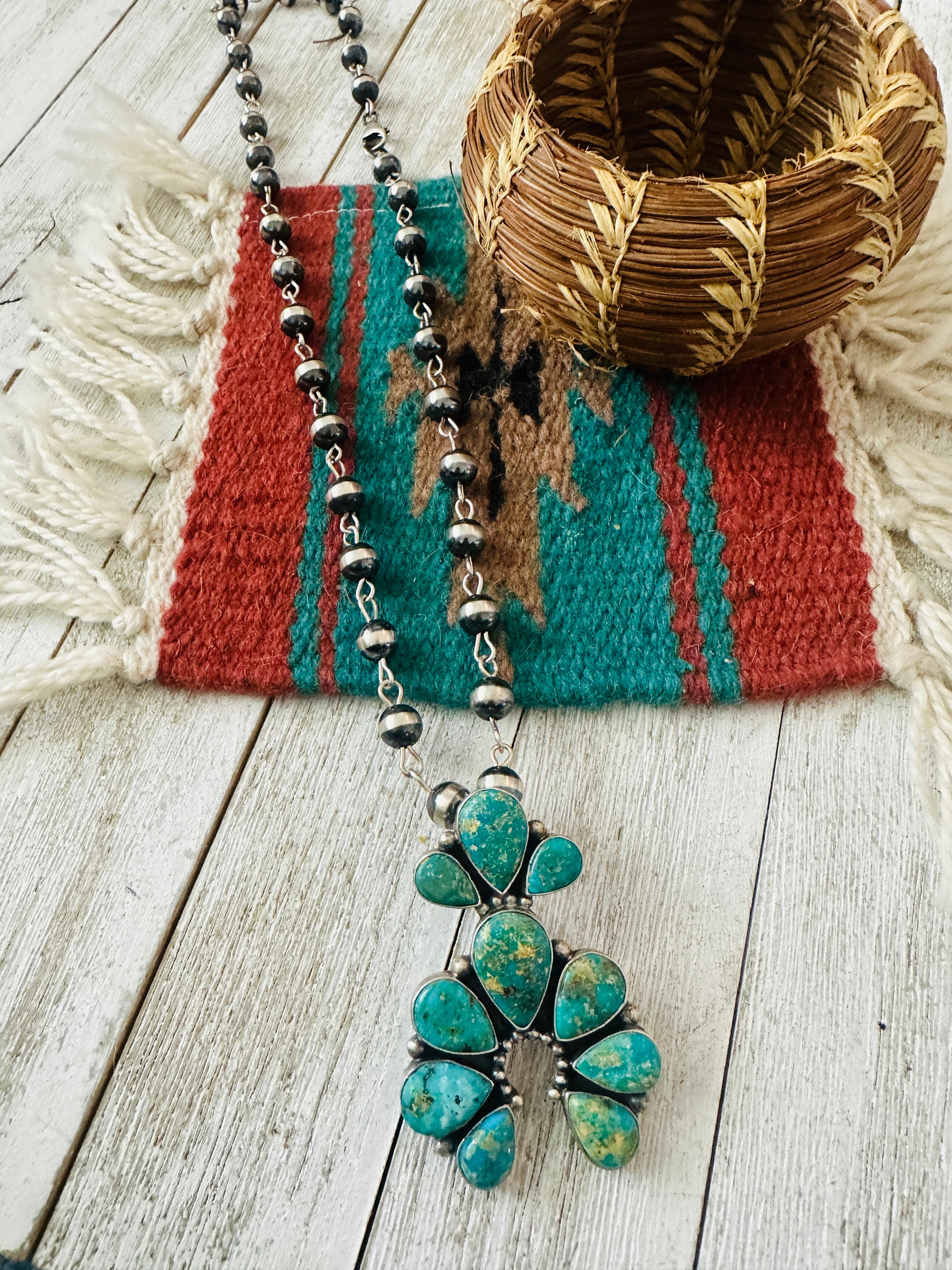 Navajo Sterling Silver & Sonoran Gold Turquoise Beaded Naja Necklace S ...