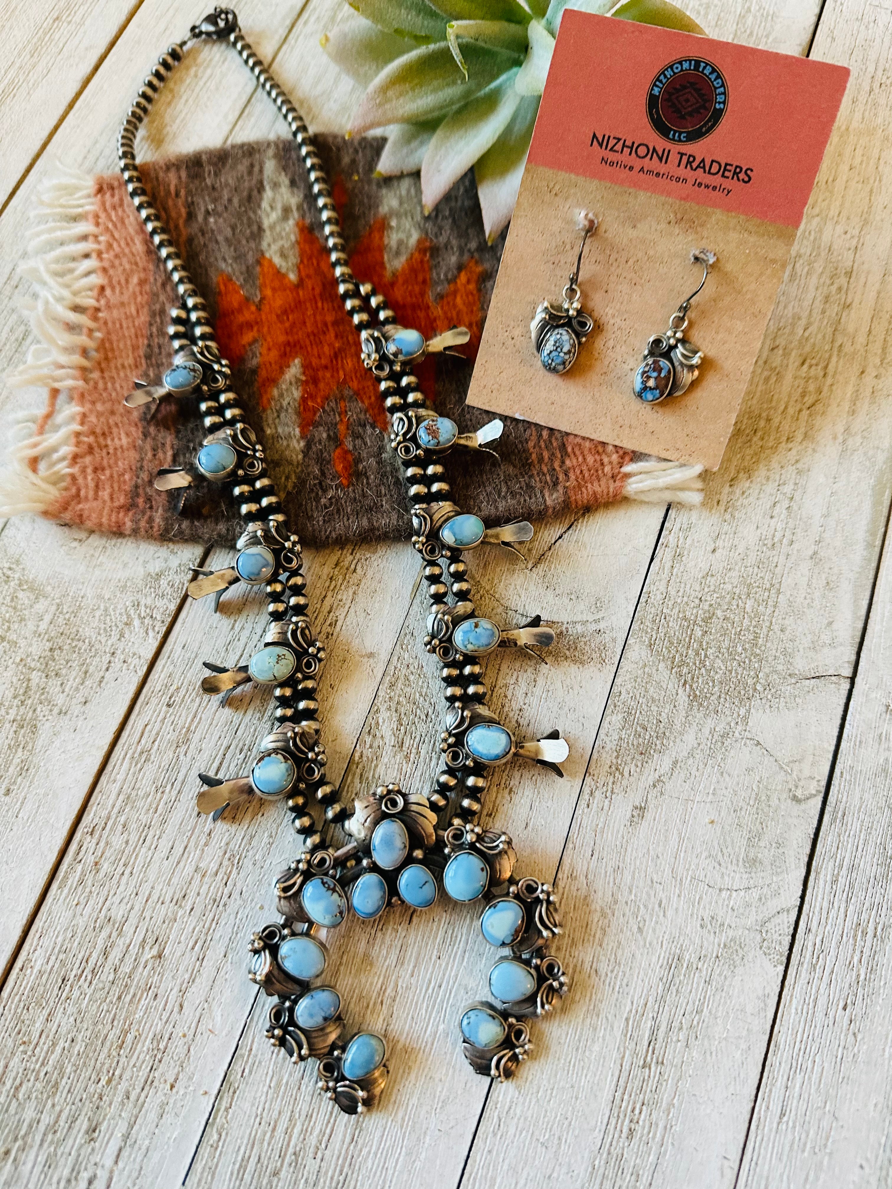 Handcrafted Golden Hills Turquoise & Sterling Silver Squash Blossom Ne ...