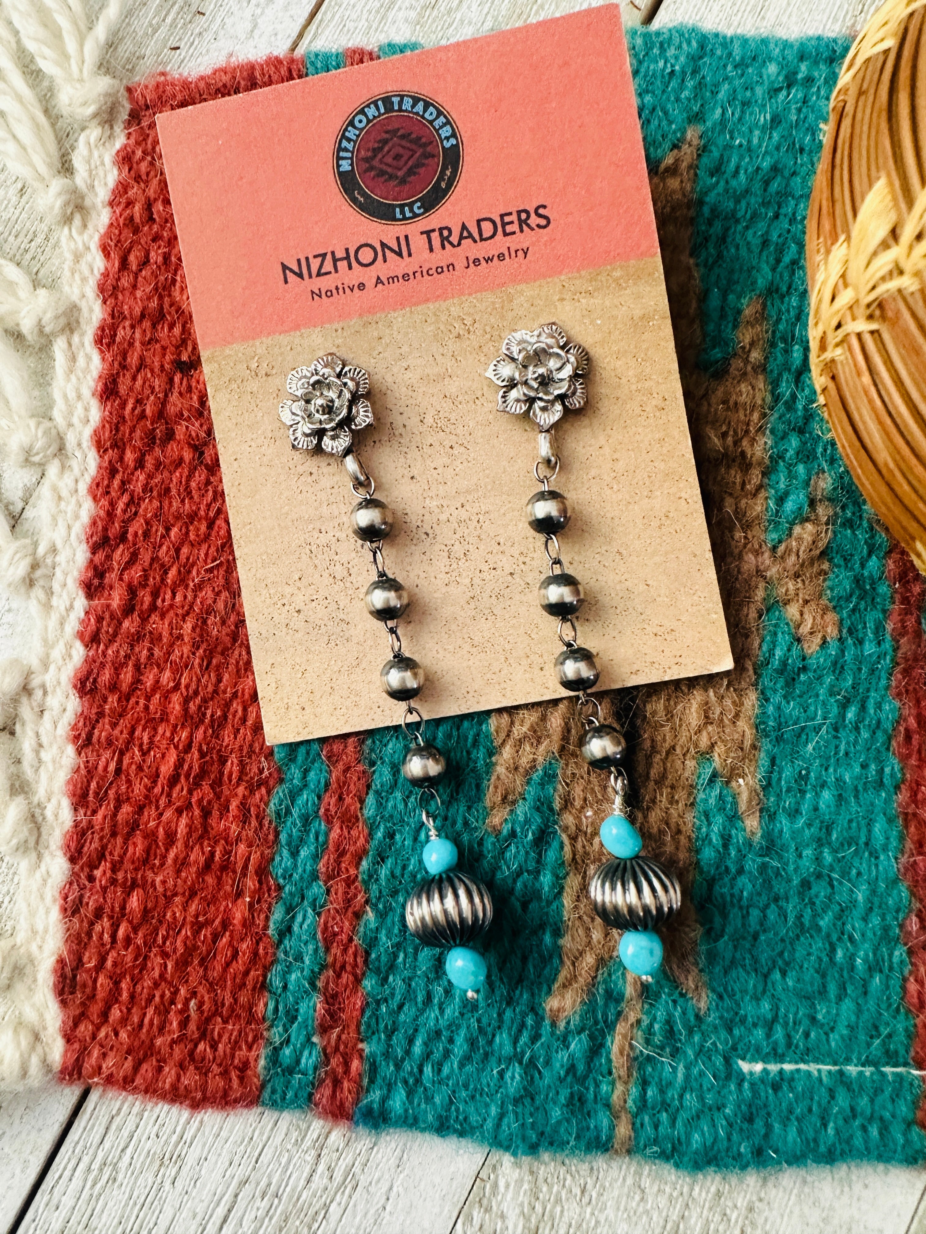 Navajo Turquoise & Sterling Silver Beaded Flower Dangle Earrings ...