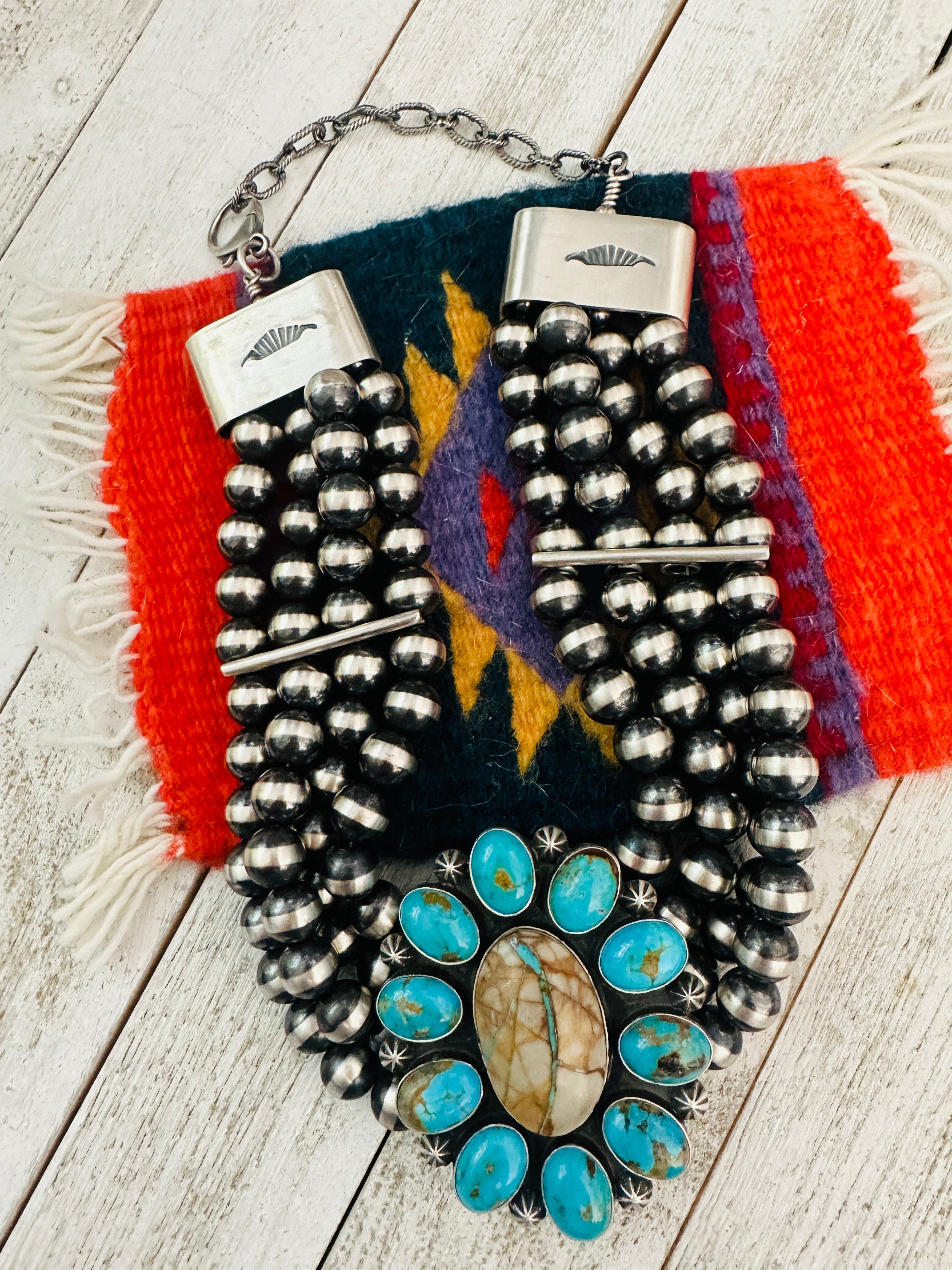 Navajo Beaded Sterling Silver & Ribbon Turquoise Cluster Necklace ...