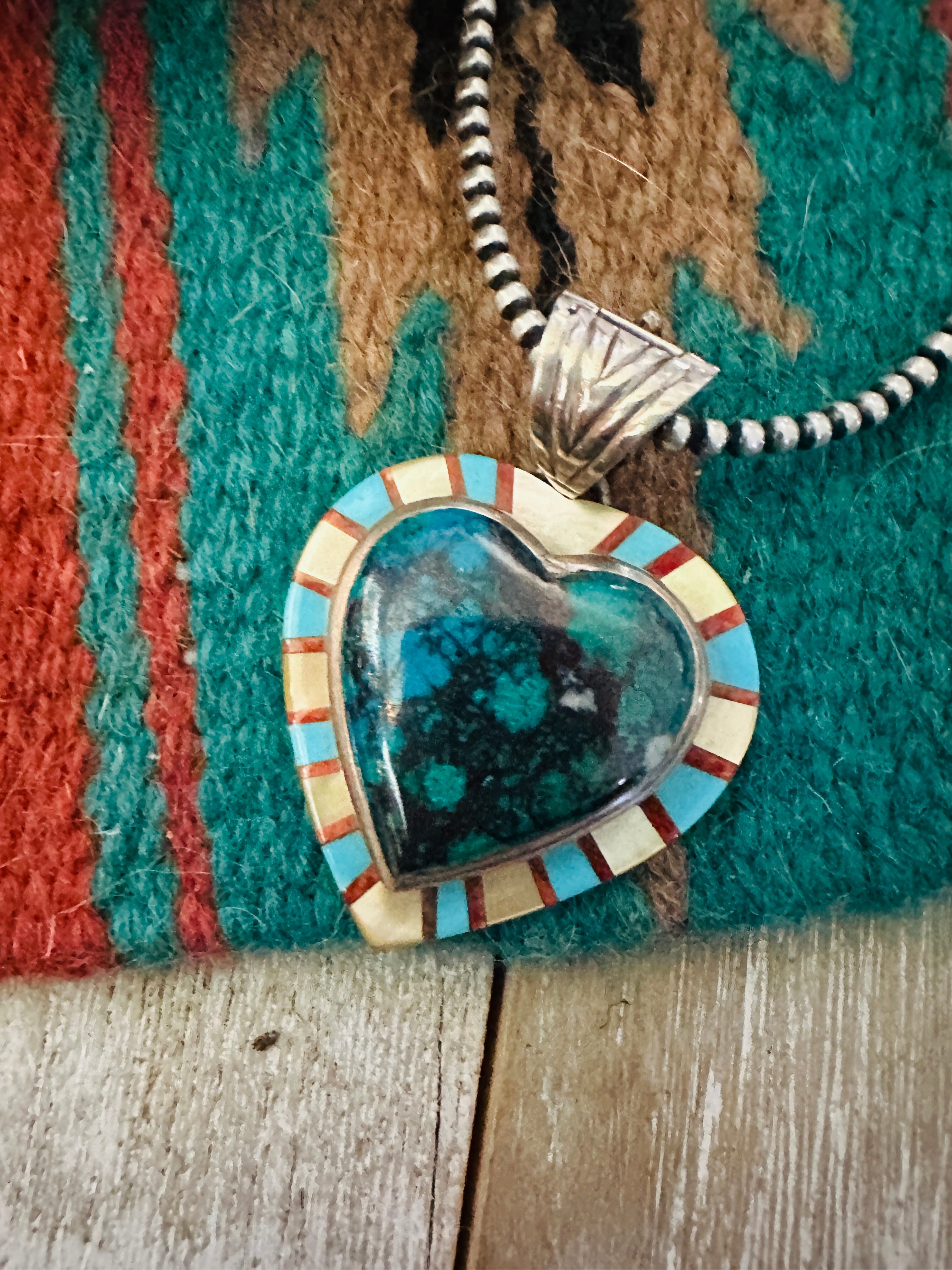Old Pawn Handcrafted Multi Stone and Sterling Silver Inlay Heart Penda ...