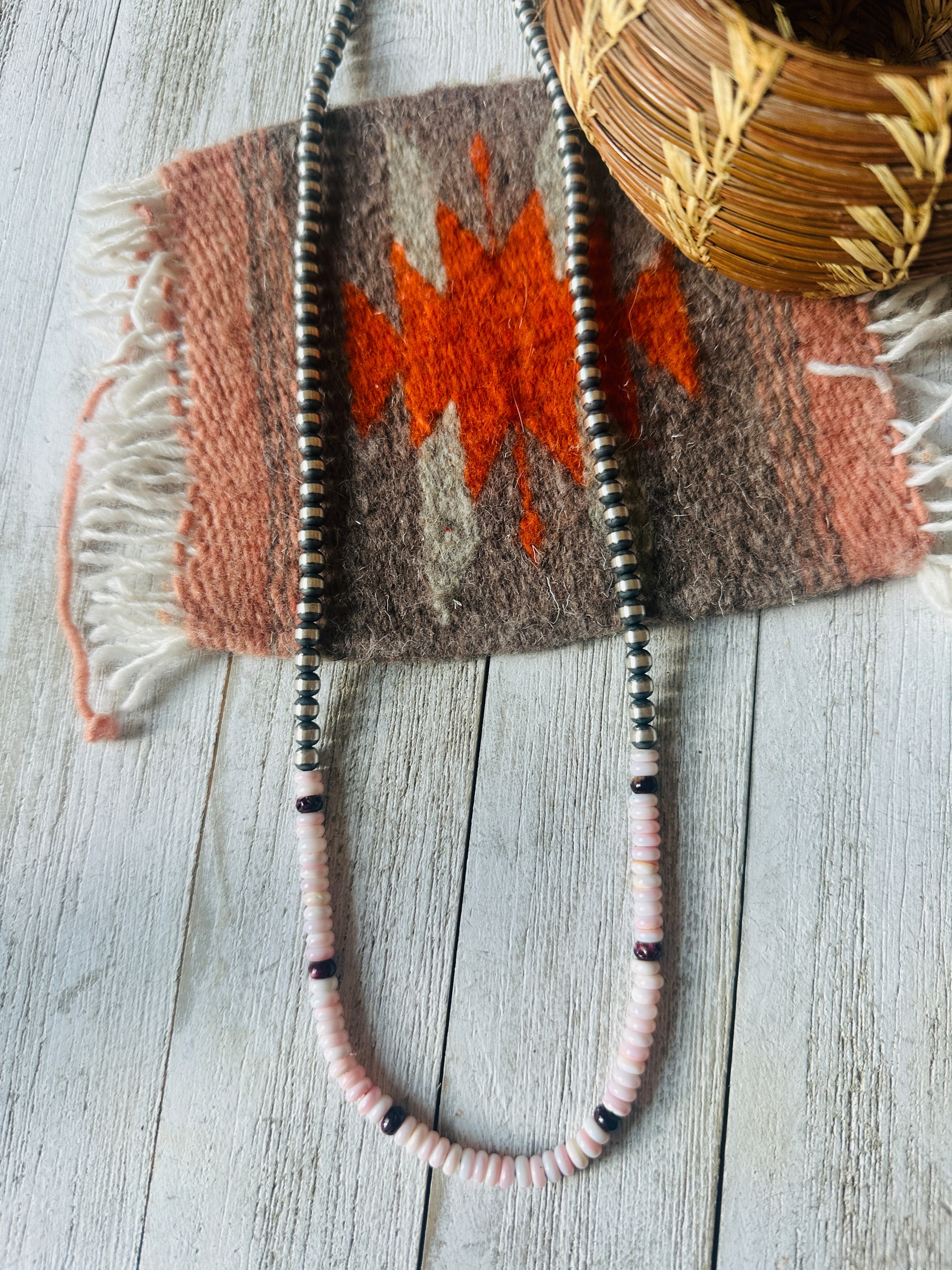 Navajo Sterling Silver Pearl, Queen Pink Conch & Spiny Beaded 24” Neck ...