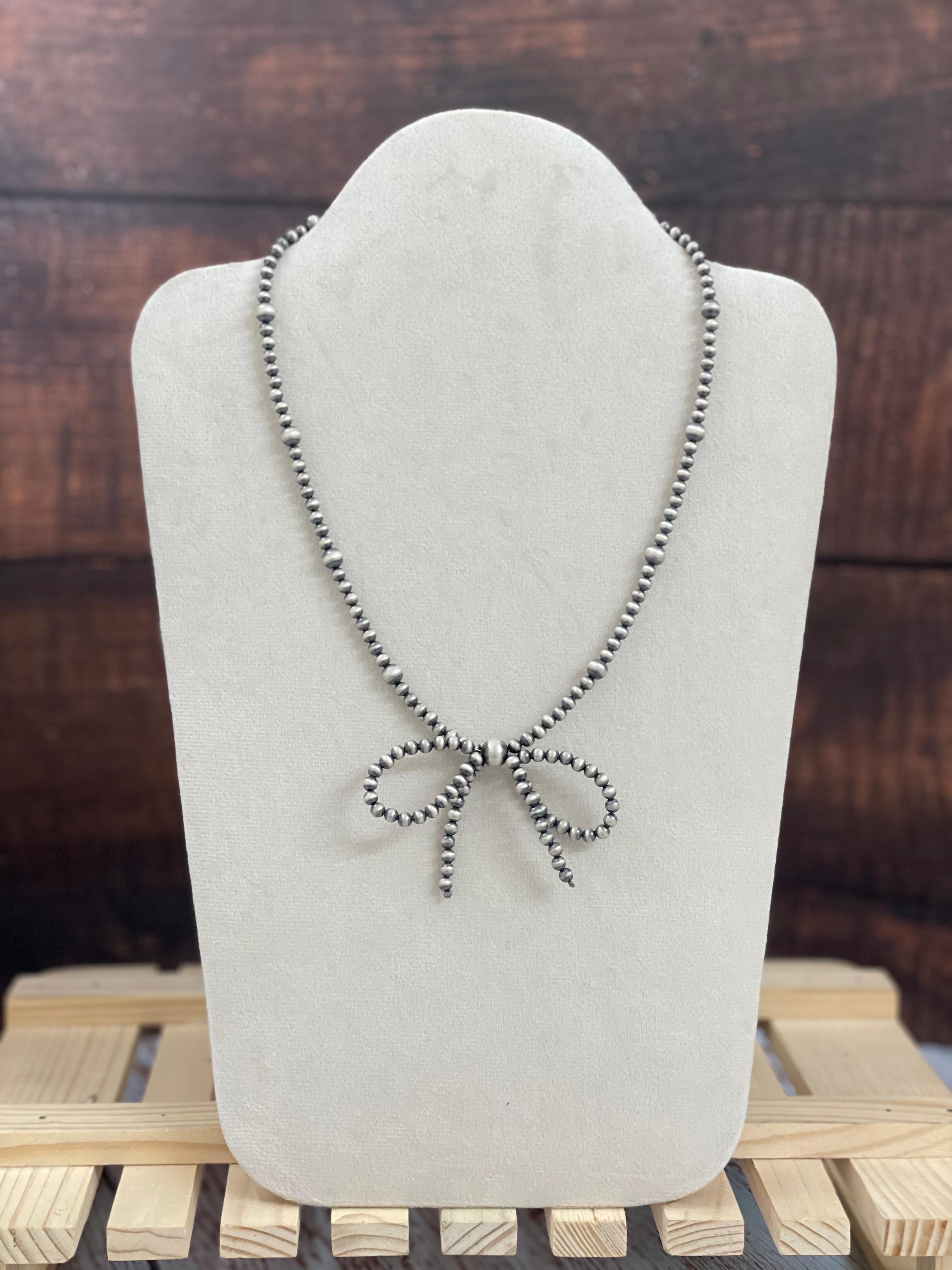 Handmade Sterling Silver Handcrafted Pearl Style Beaded Bow Tie Neckla ...