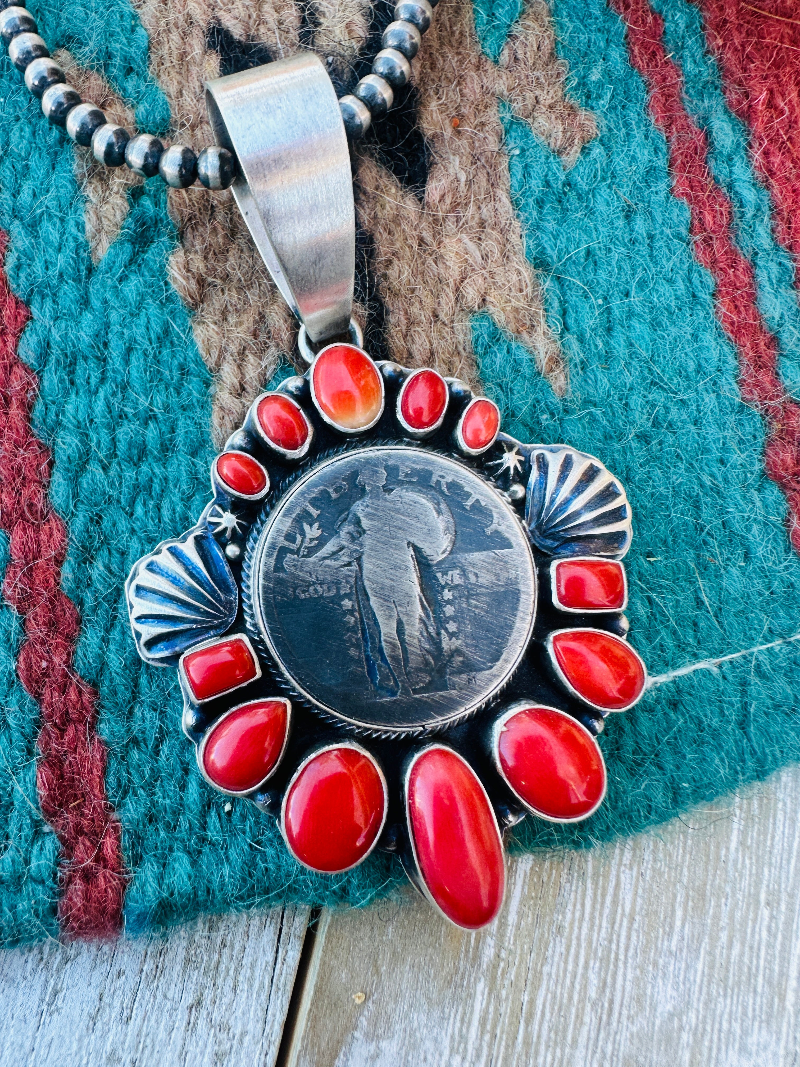 Handcrafted Sterling Silver and Coral Liberty Coin Pendant by Randy Bo ...